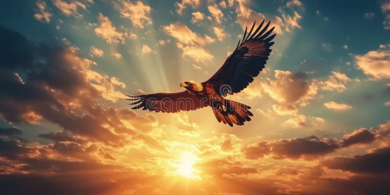 Majestic Eagle Soaring Against Vibrant Sunset Sky with Dramatic Clouds ...