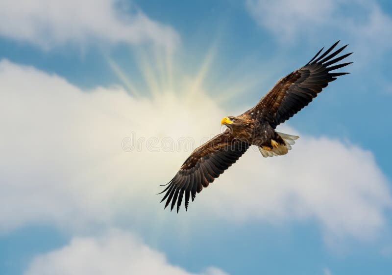 Majestic Eagle Soaring through a Bright Blue Sky with Clouds Stock ...