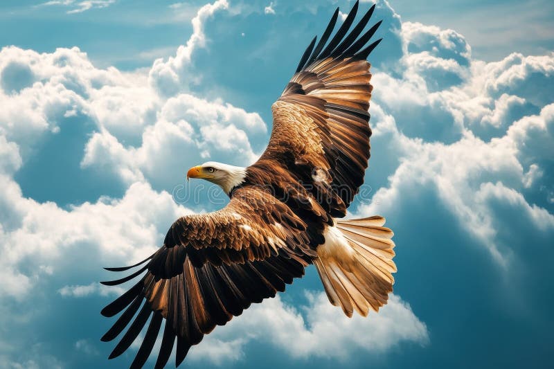 Majestic Eagle Soaring through a Bright Sky Amidst Fluffy Clouds during ...