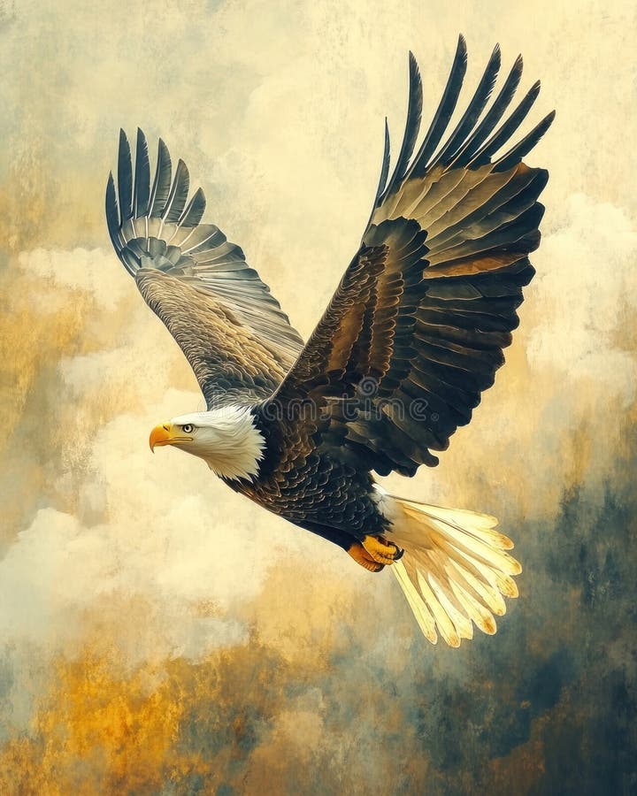 Majestic Bald Eagle Soaring through Textured Sky Stock Illustration ...