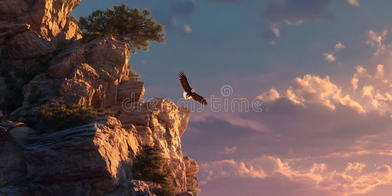 Majestic Eagle Soaring Dramatic Cliffside Sunset Landscape Stock ...