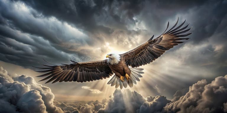 Majestic Eagle Soaring through Dramatic Cloudscape, Illuminated by ...