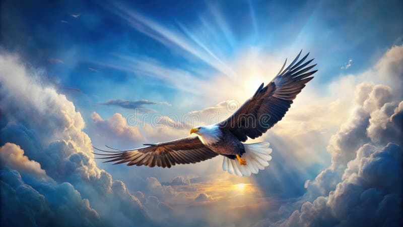 Majestic Eagle Soaring through a Dramatic, Sunlit Sky, Wings Spread Wide in a Breathtaking ...