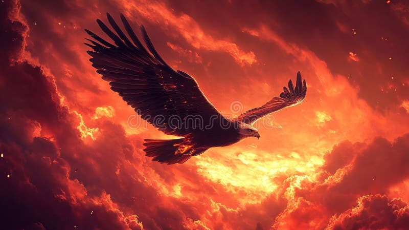 Majestic Eagle Soaring through Fiery Sunset Sky Stock Photo - Image of ...