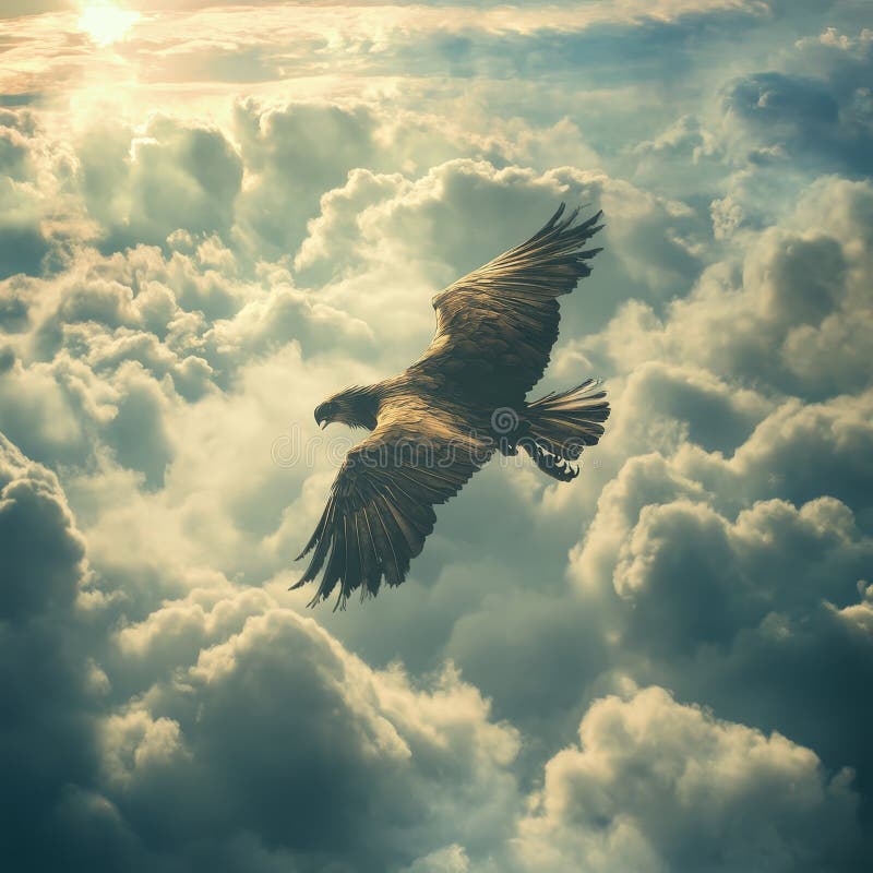 Majestic Eagle Soaring through a Golden Cloudscape Stock Photo - Image ...