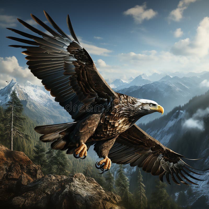 A Majestic Eagle Soaring Over a Lush Canyon, with Layers of Rocky ...