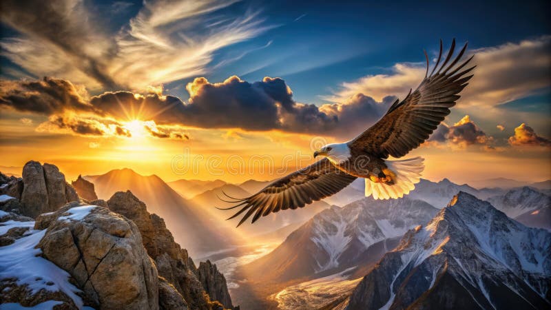 Majestic Eagle Soaring High Above Mountains at Sunset Stock ...