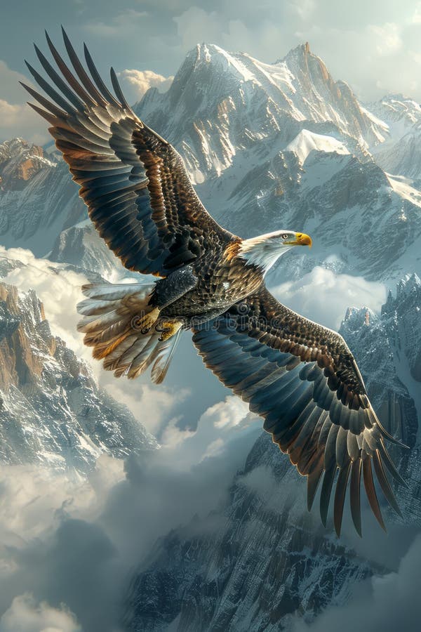 Majestic Eagle Soaring High Above Snow Capped Mountain Peaks with ...