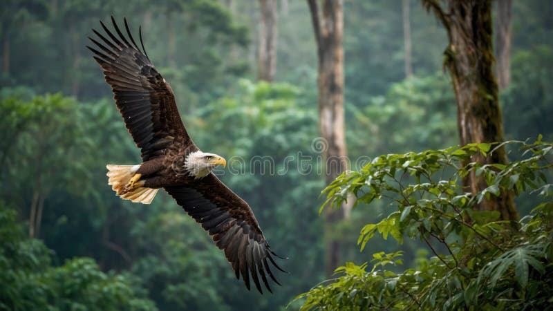 A Majestic Eagle Soaring through a Lush Green Forest, Showcasing Nature ...
