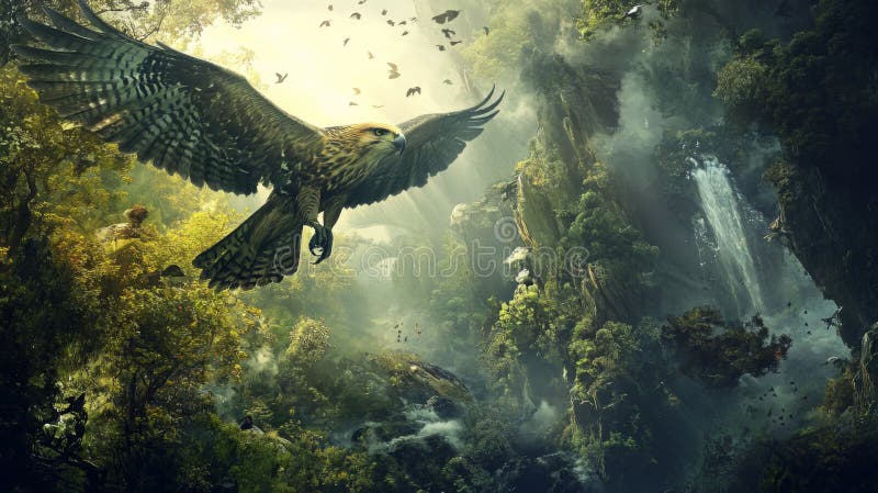 Majestic Eagle Soaring through Lush Green Forest with Waterfall Stock ...
