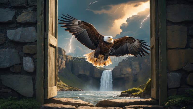 Majestic Bald Eagle Soaring through Stormy Waterfall Landscape Stock ...