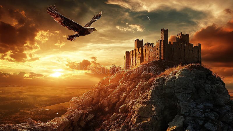 Majestic Eagle Soaring Over Ancient Castle at Sunset Stock Image ...