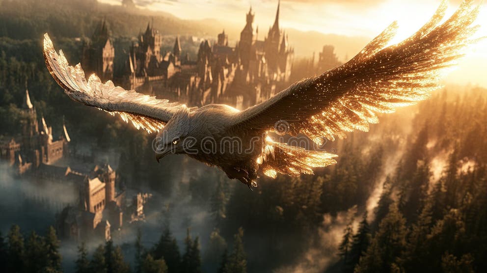 Majestic Eagle Soaring Over a Majestic Castle at Sunset Stock Photo ...