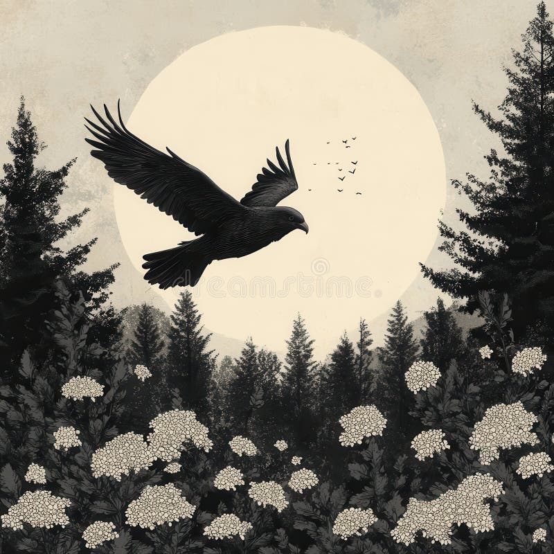 Majestic Eagle Soaring Over Dark Forest with Full Moon Background Stock ...