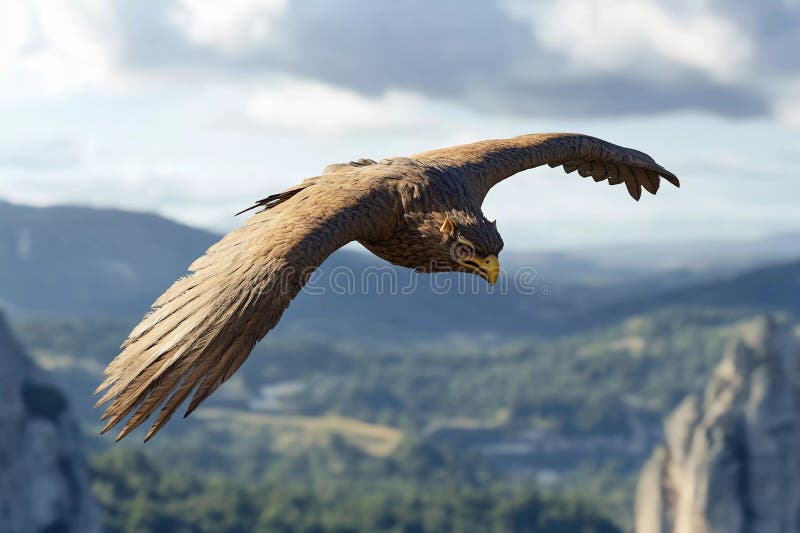 Majestic Eagle Soaring Over a Dramatic Landscape with Mountains and Clouds Stock Image - Image ...