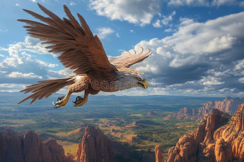 Majestic Eagle Soaring Over a Dramatic Landscape with Mountains and Clouds Stock Photo - Image ...