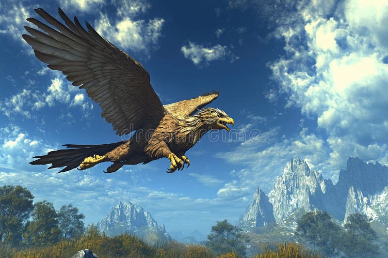 Majestic Eagle Soaring Over a Dramatic Landscape with Mountains and Clouds Stock Photo - Image ...
