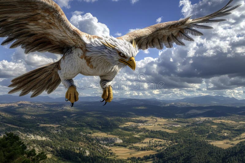 Majestic Eagle Soaring Over a Dramatic Landscape with Mountains and Clouds Stock Photo - Image ...