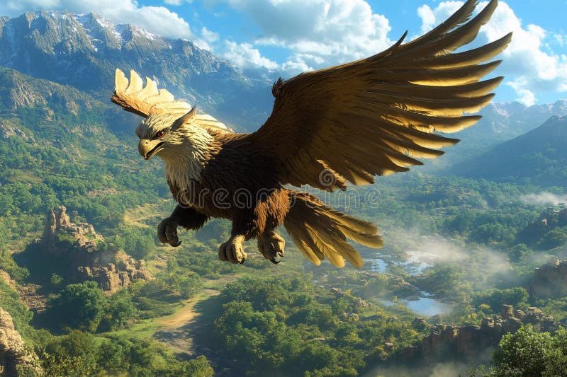 Majestic Eagle Soaring Over a Dramatic Landscape with Mountains and Clouds Stock Photo - Image ...