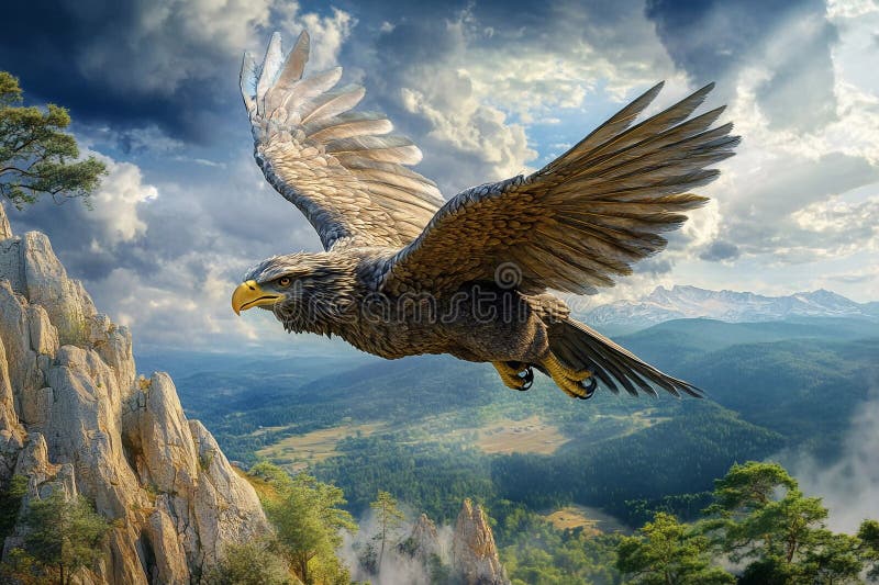 Majestic Eagle Soaring Over a Dramatic Landscape with Mountains and ...