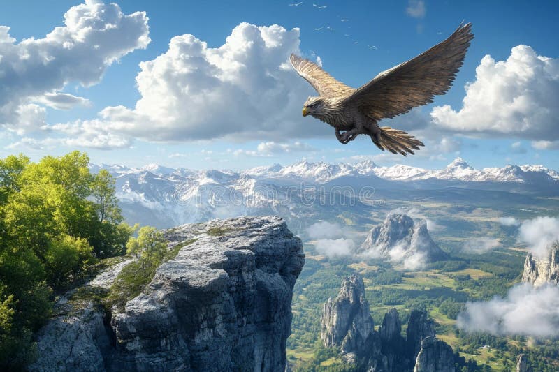 Majestic Eagle Soaring Over a Dramatic Landscape with Mountains and ...