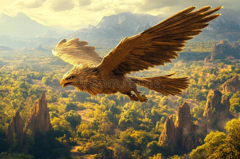 Majestic Eagle Soaring Over a Dramatic Landscape with Mountains and Clouds Stock Photo - Image ...