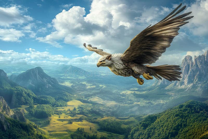 Majestic Eagle Soaring Over a Dramatic Landscape with Mountains and Clouds Stock Image - Image ...