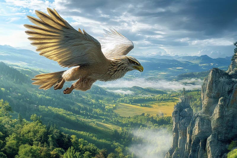 Majestic Eagle Soaring Over a Dramatic Landscape with Mountains and Clouds Stock Photo - Image ...