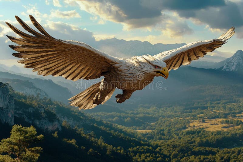 Majestic Eagle Soaring Over a Dramatic Landscape with Mountains and ...