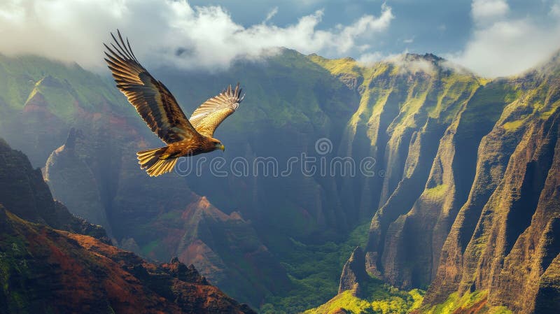 Majestic Eagle Soaring Over Dramatic Mountain Landscape Stock Photo - Image of valleys, clouds ...