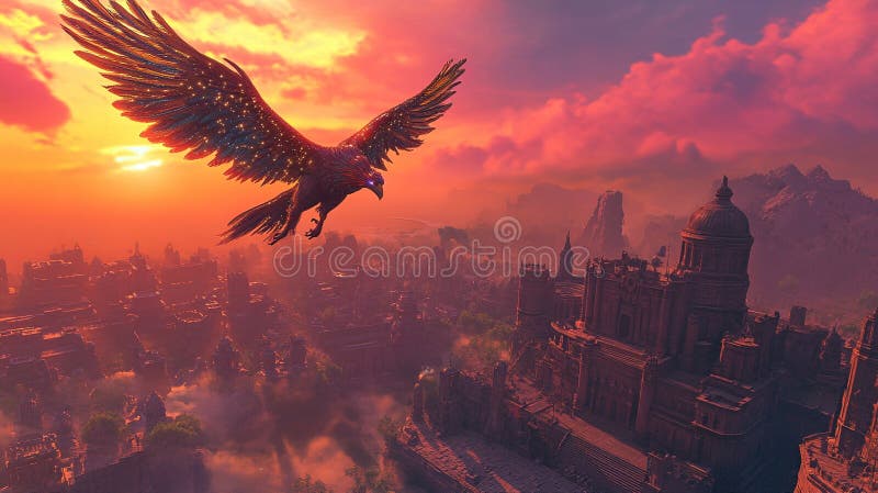 Majestic Eagle Colorful Wings Soaring Over Dramatic Landscape Stock ...
