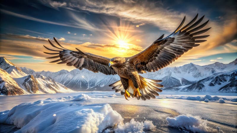 Majestic Eagle Soaring Over a Frozen Lake at Sunset in a Mountain Range. Generative AI Stock ...