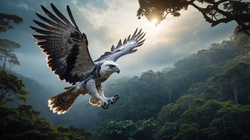 Majestic Harpy Eagle Soaring Over Lush Rainforest at Sunrise Stock ...