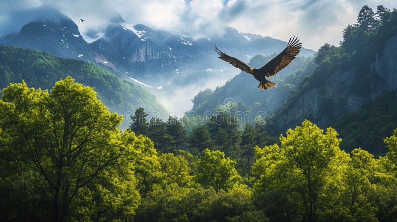 Eagle Soaring Over Lush Green Forest with Misty Mountains in the ...