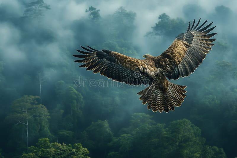 Majestic Eagle Soaring Over a Misty Forest, Showcasing Its Impressive ...