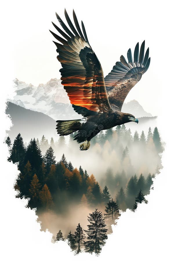Majestic Eagle Soaring Sunset Over Misty Forest Stock Photos - Free ...