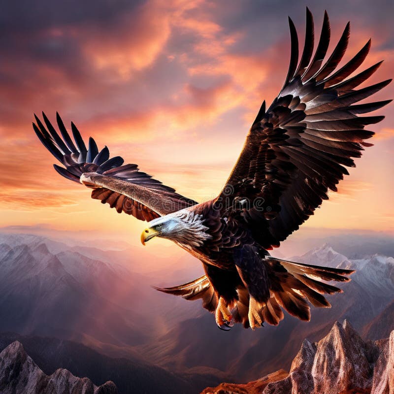 A Majestic Eagle Soaring Over a Mountain Range with the Sky Blending ...