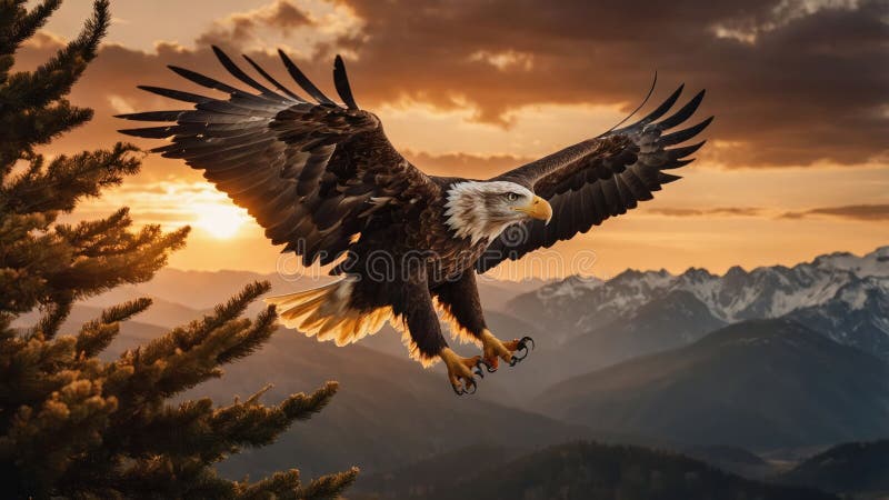 Majestic Bald Eagle Soaring at Sunset Over Majestic Mountains Stock ...