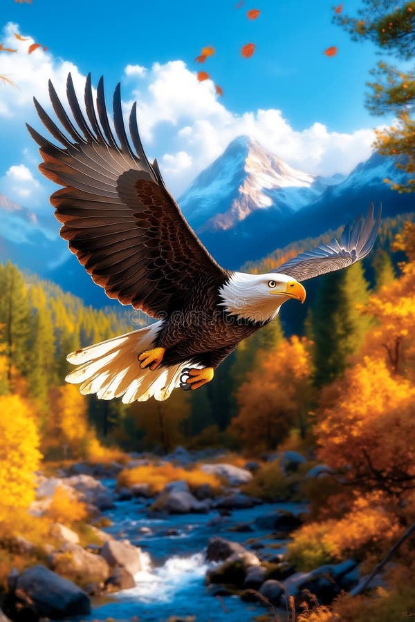 A Bald Eagle Flying Over a River in the Mountains Stock Photo - Image ...