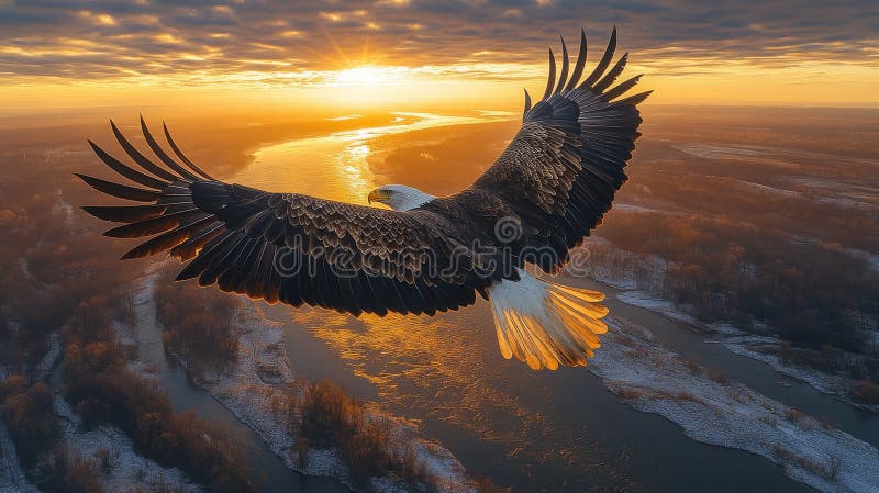 Majestic Eagle Soaring Over River at Sunrise Stock Image - Image of ...