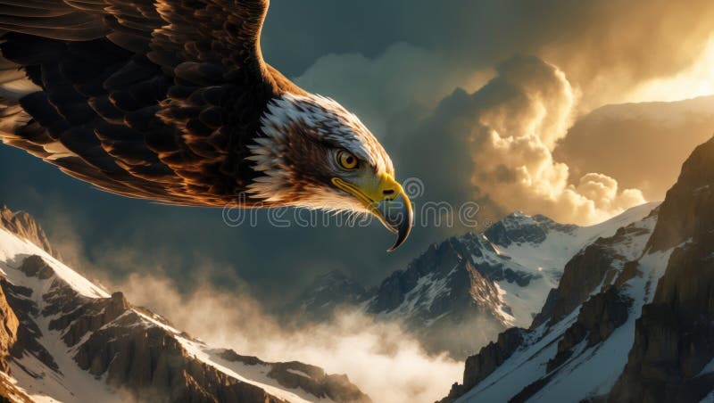 Majestic Eagle Soaring Over Snowy Mountain Peaks at Golden Hour Stock Illustration ...
