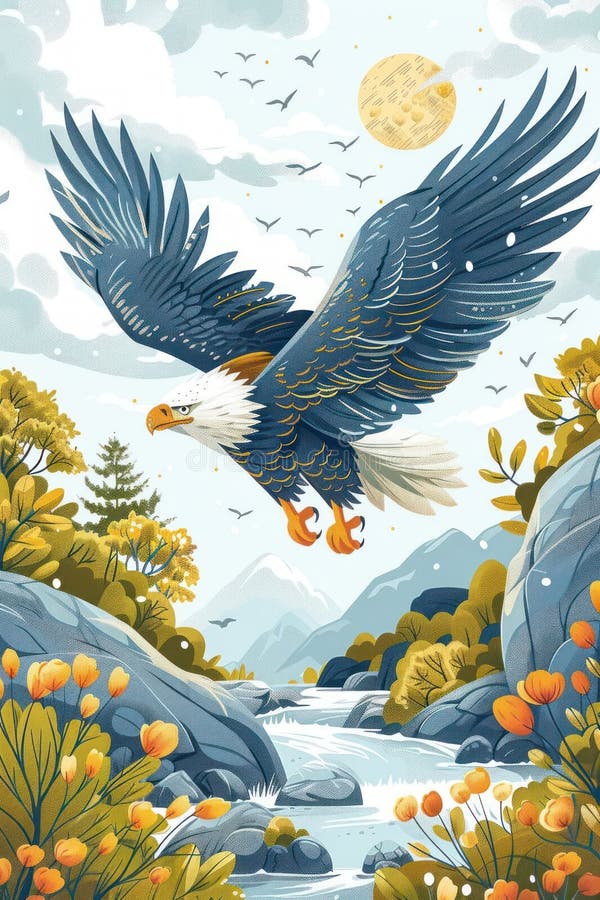 Majestic Bald Eagle Soaring Over Mountain River Landscape Stock ...