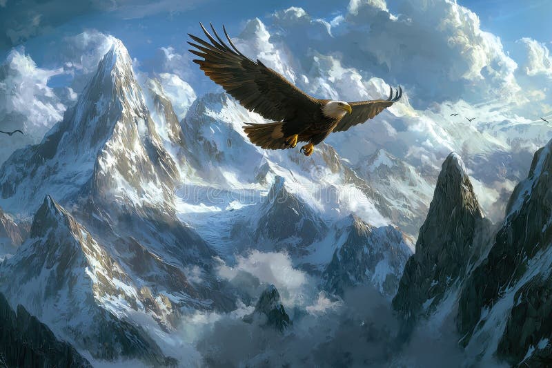 Majestic Eagle Soaring Over Snow-Capped Peaks Stock Illustration - Illustration of nature ...