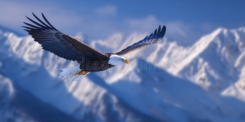 Majestic Eagle Soaring Over Snowy Mountains Stock Illustration - Illustration of scenic, flying ...