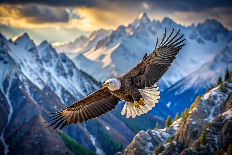 Majestic Eagle Soaring Over Snowy Mountains at Sunrise Stock Illustration - Illustration of ...