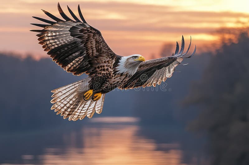Majestic Bald Eagle in Flight at Sunset Stock Illustration ...