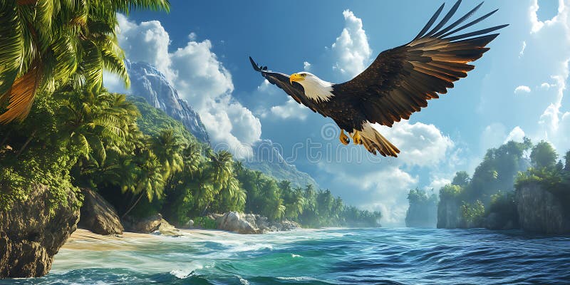 Majestic Eagle Soaring Over Tropical Paradise a Breathtaking Scene Stock Illustration ...