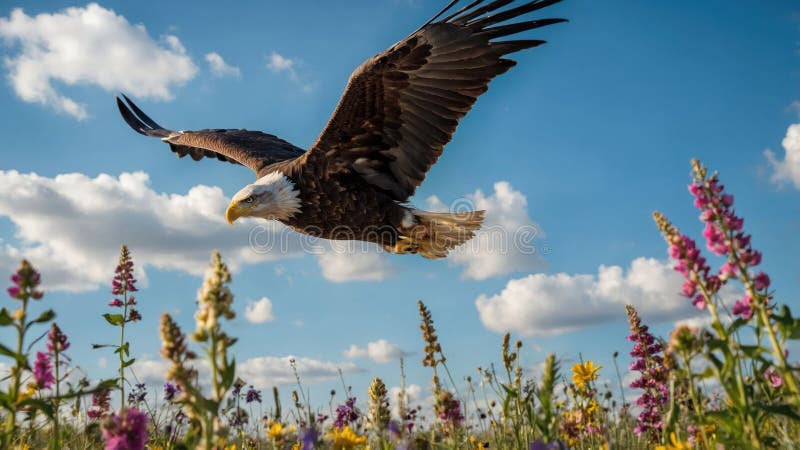 Majestic Bald Eagle Soaring Above Wildflower Meadow Under a Blue Sky ...