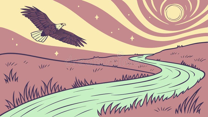 Majestic Eagle Soaring Over a Winding River in a Sunset Landscape ...