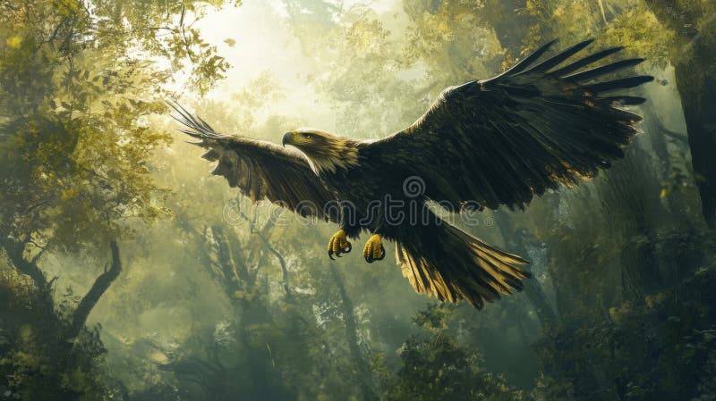 Majestic Eagle Soaring through a Sunlit Forest Stock Illustration ...